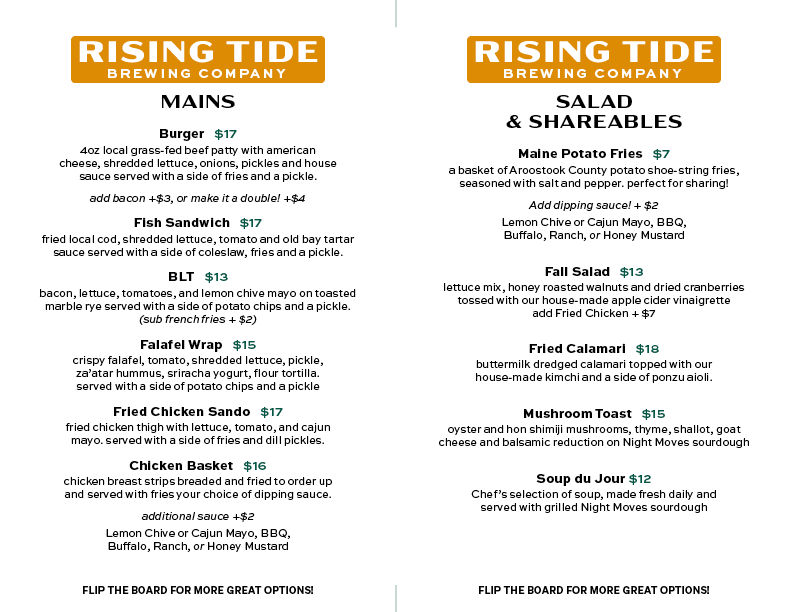 Today’s Menu | Rising Tide Brewing