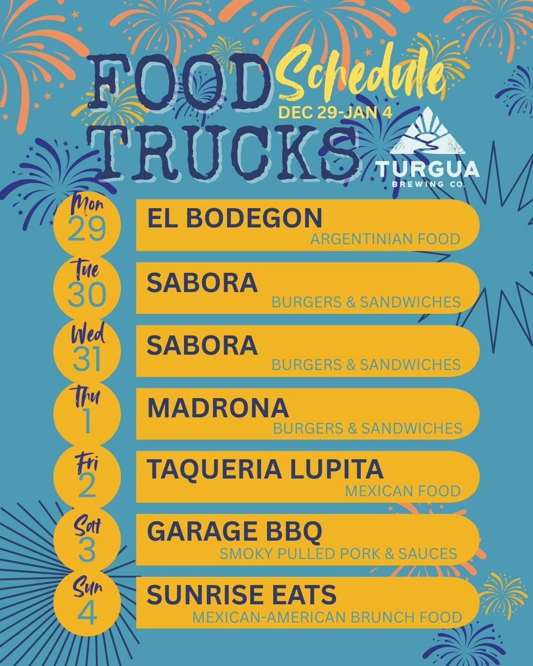 TURGUA FOOD TRUCK SCHEDULE DEC 29- JAN 4, 2026 | Turgua Brewing